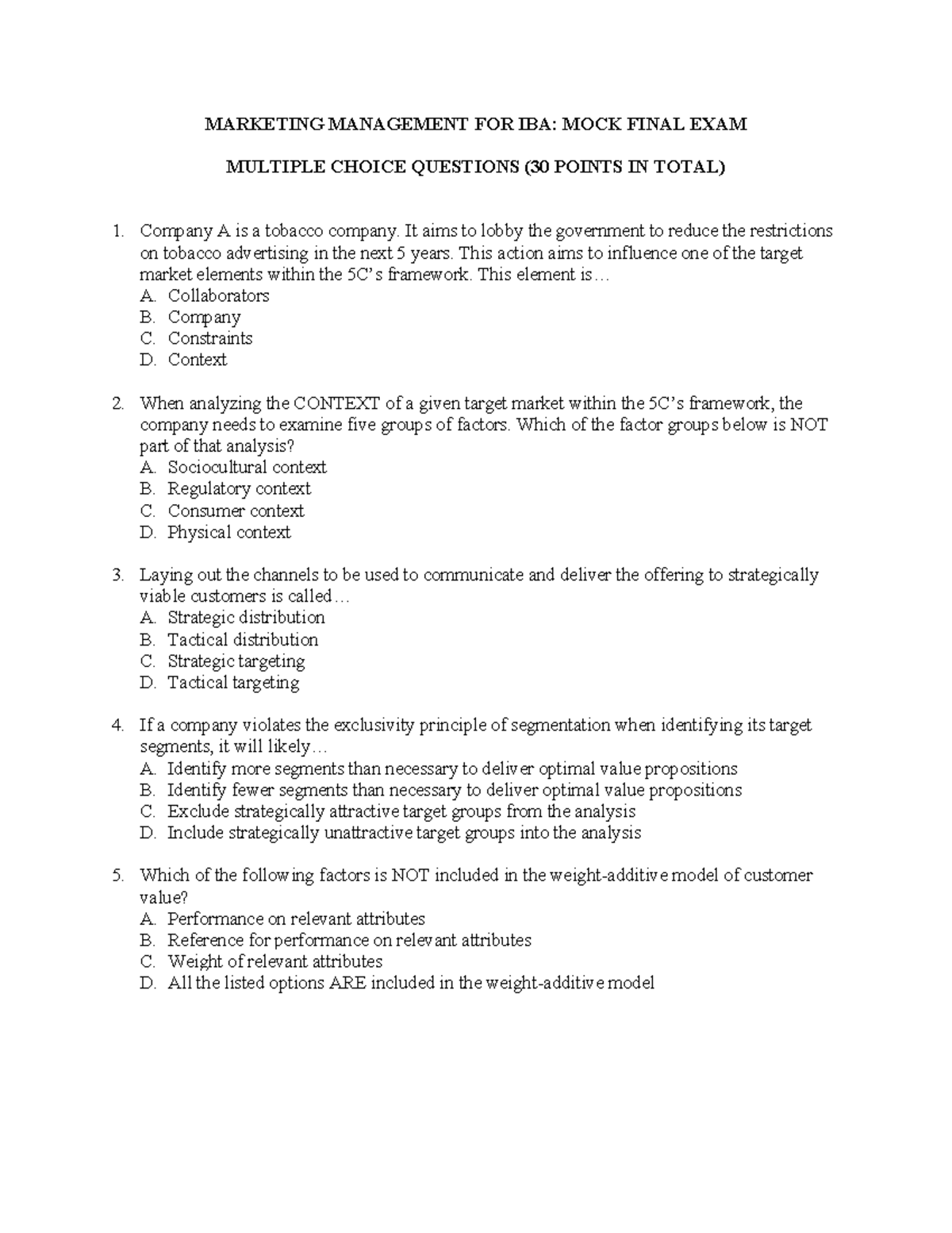 Copy of MOCK EXAM Final - mock exam - MARKETING MANAGEMENT FOR IBA ...