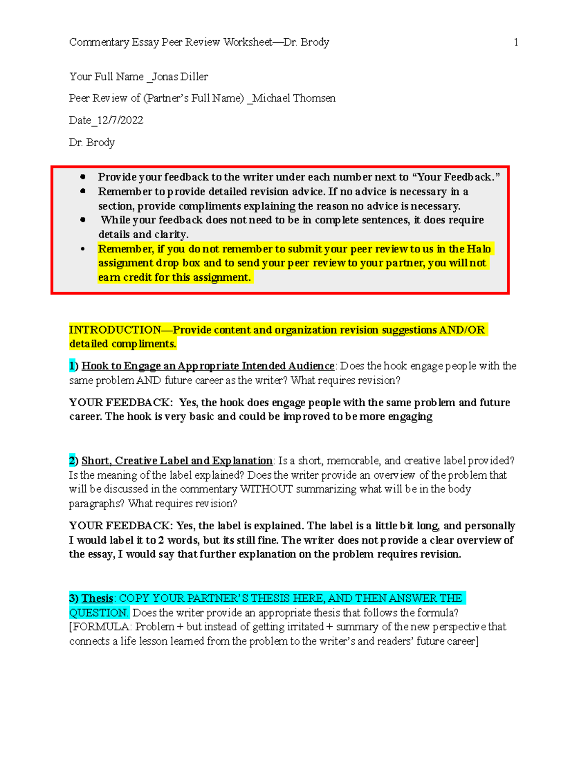 Commentary Peer Review Worksheet - Your Full Name _Jonas Diller Peer ...
