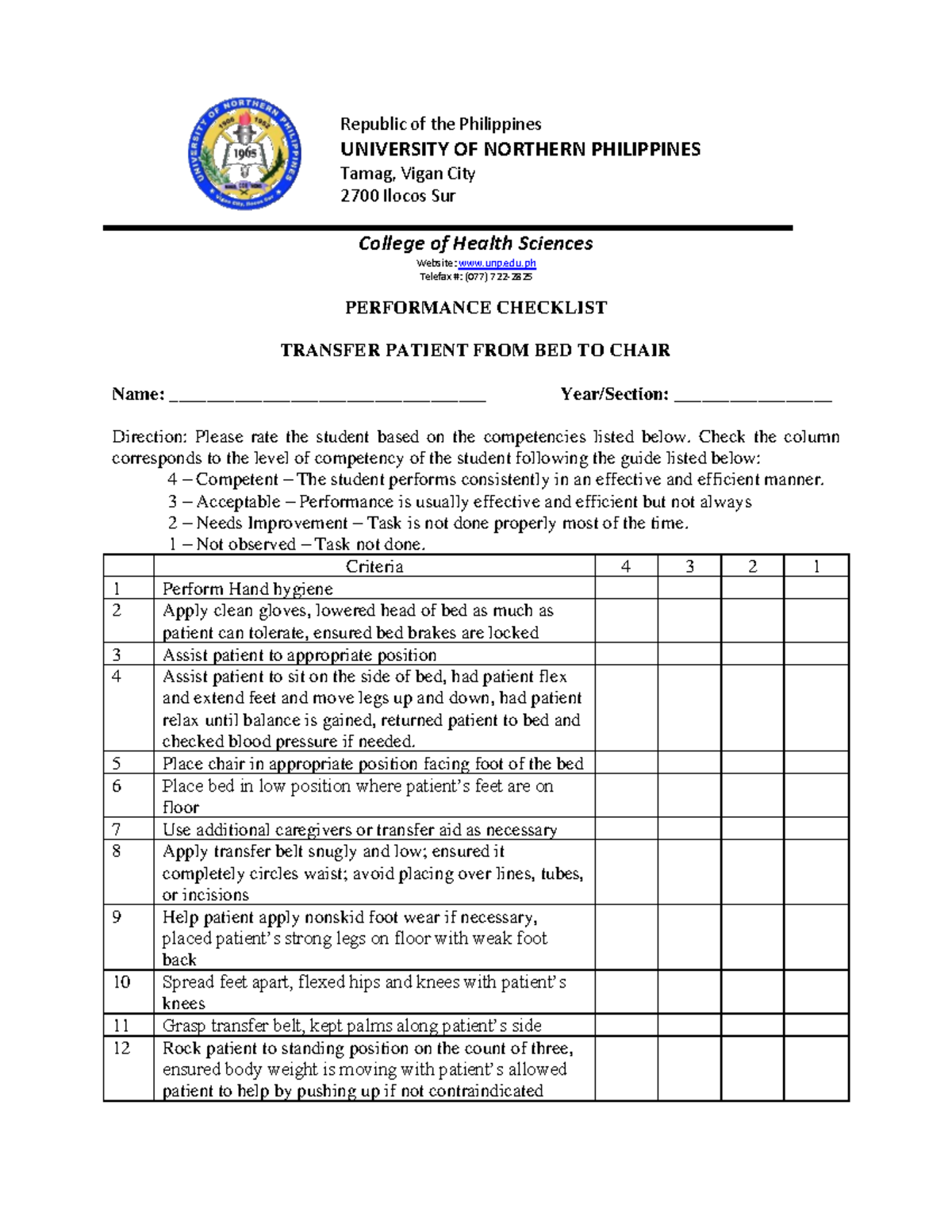Safe Transfer Techniques Checklist - Republic of the Philippines ...