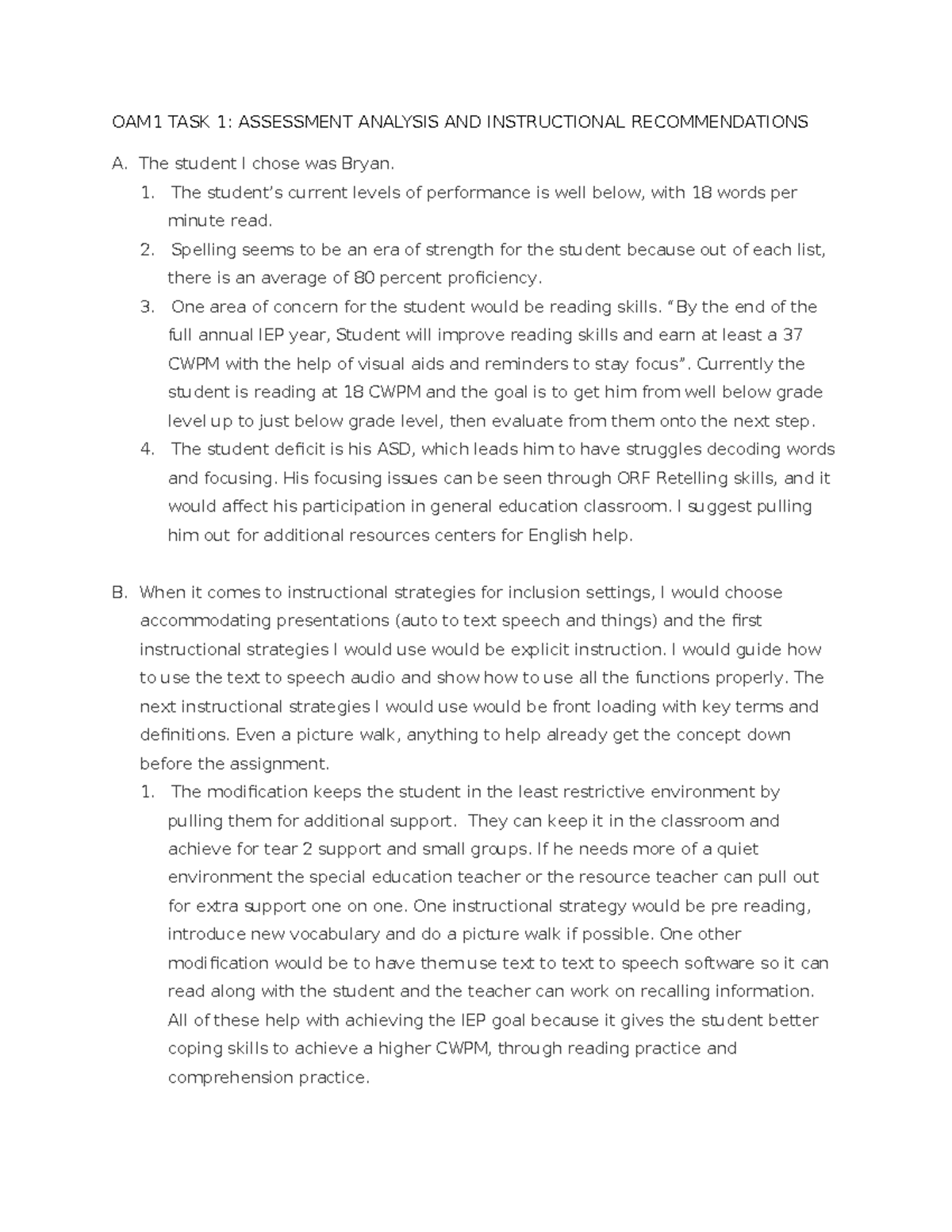 For study - It is task 1 - OAM1 TASK 1: ASSESSMENT ANALYSIS AND ...