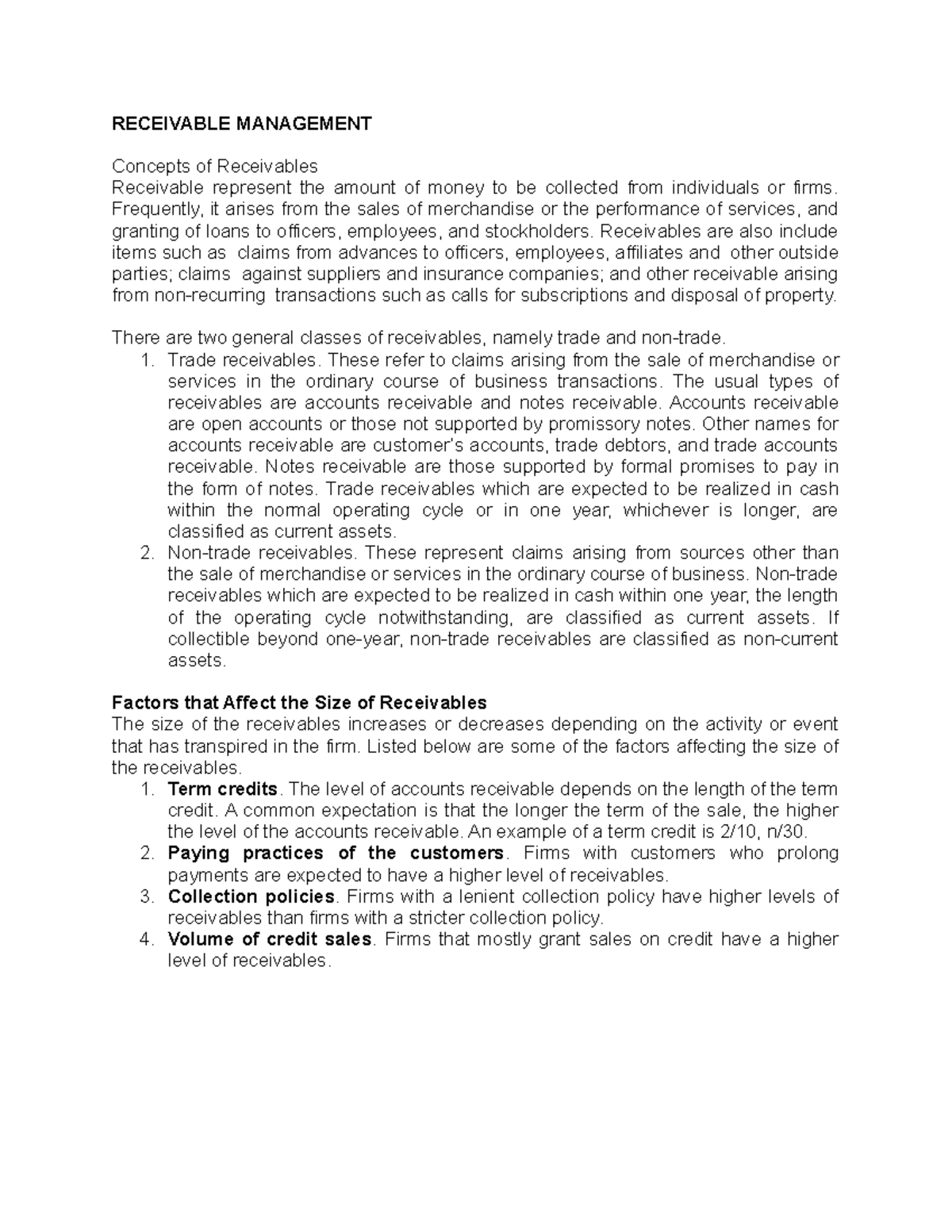 Receivable Management - RECEIVABLE MANAGEMENT Concepts of Receivables ...