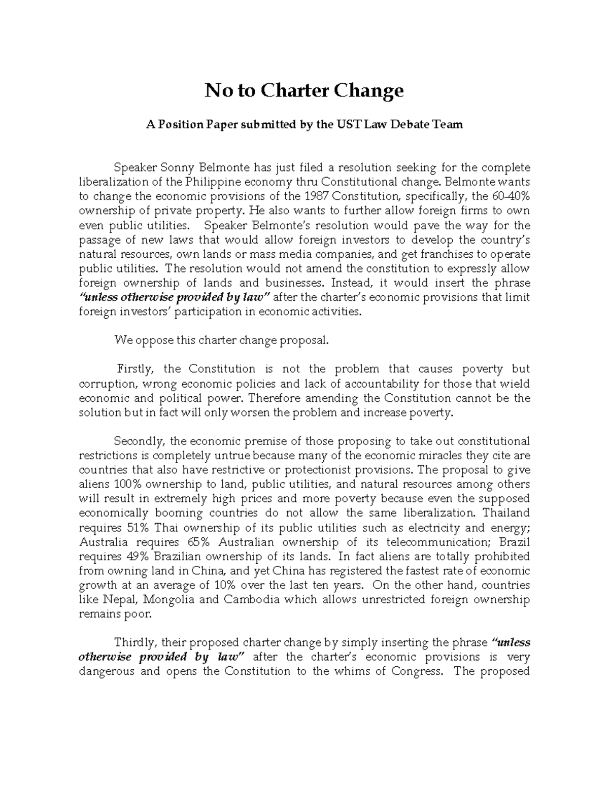 Ust law debate team position paper on charter change - No to Charter ...