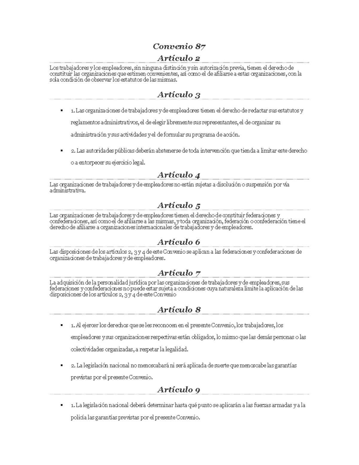 Convenios 87 98 - Convenio 87 Artículo 2 Los trabajadores y los ...