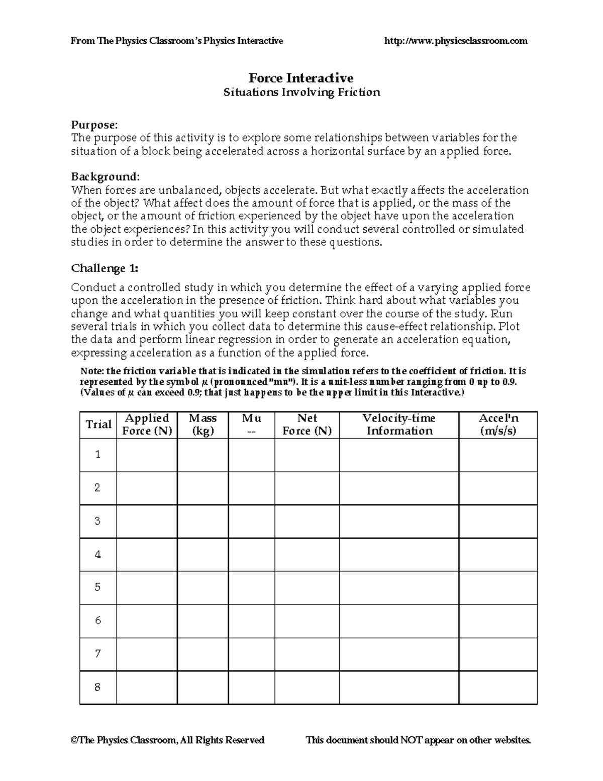 Force Activity 2 - Force Interactive Situations Involving Friction ...