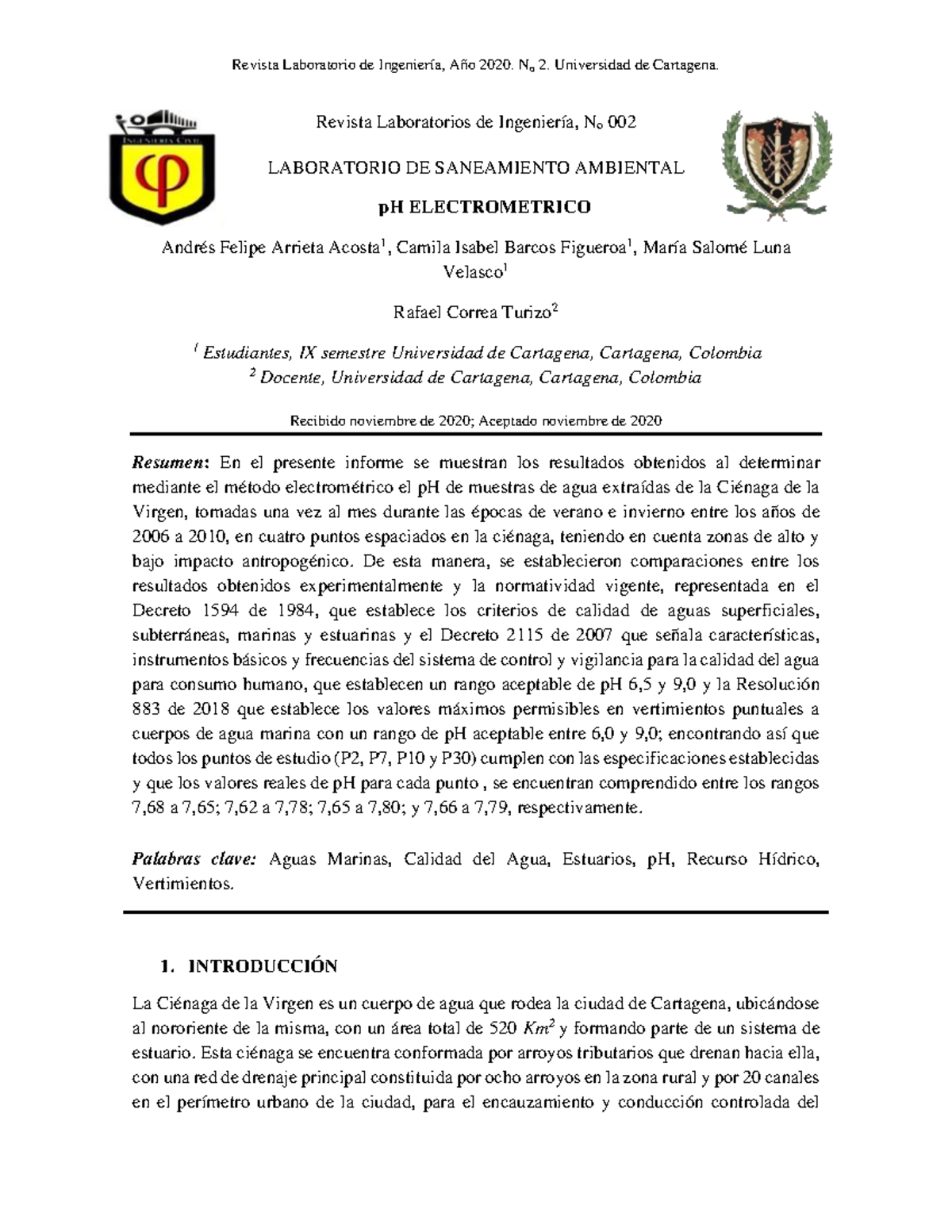 Informe de ph por el metodo electrometrico en la cienaga de la virgen - Revista Laboratorios de ...