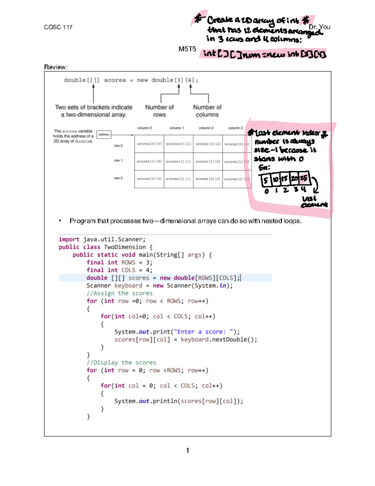 Cosc 1 Notes 2 Cosc 117 Dr You M5t Review Program That Processes Two—dimensional Arrays