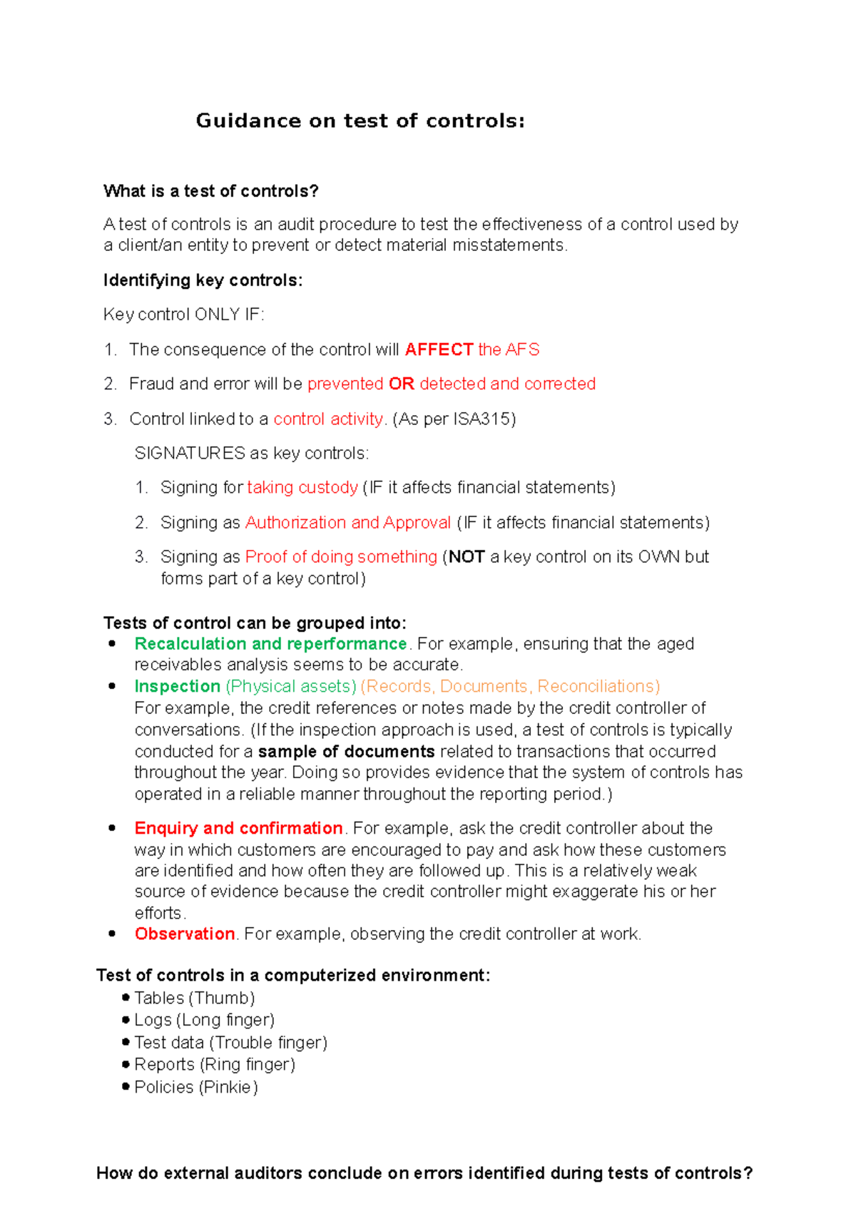 Guidance on Tests of controls Updated - Guidance on test of controls ...