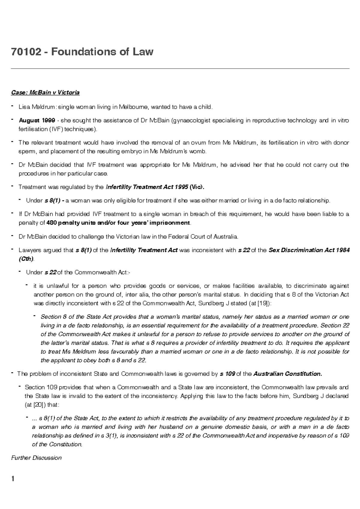 70102 - Foundations of Law - August 1999 - she sought the assistance of ...