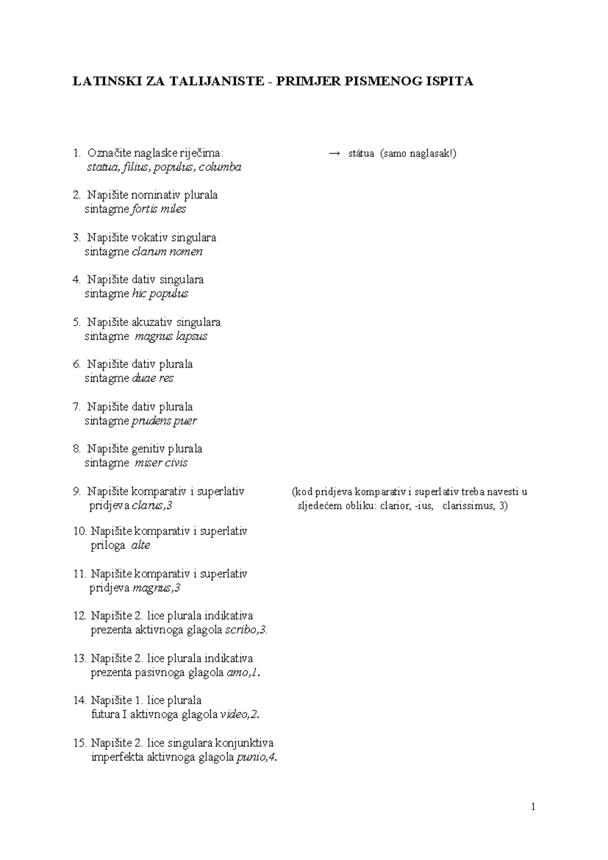 Lat za tal - primjer ispita - LATINSKI ZA TALIJANISTE - PRIMJER ...