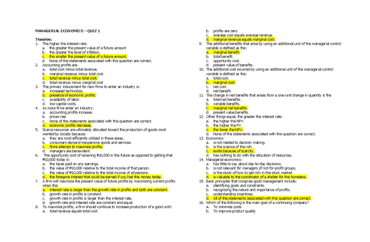 Quiz 1 - Managerial economics - MANAGERIAL ECONOMICS – QUIZ 1 Theories ...
