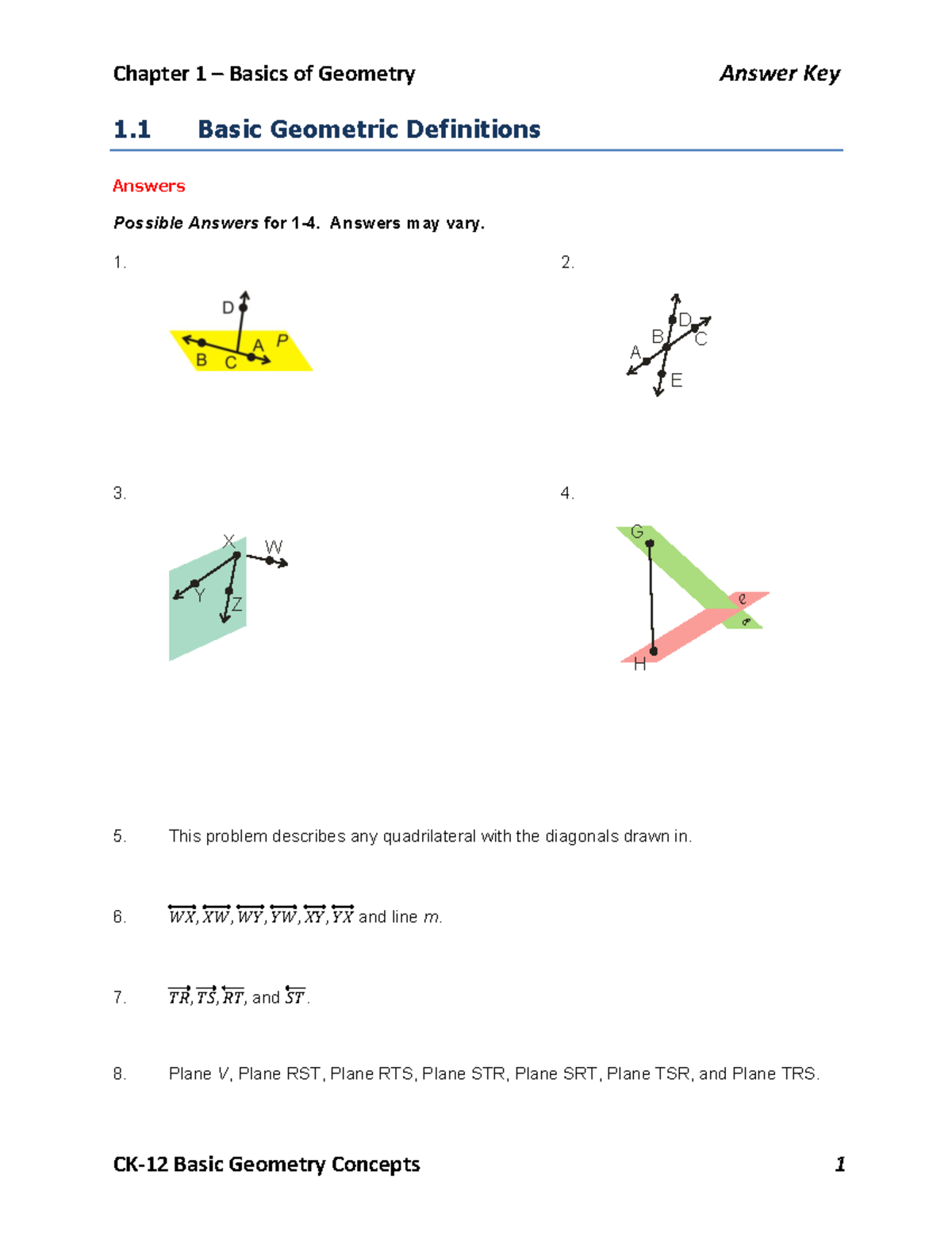Answer Key CK-12 Chapter 01 Basic Geometry Concepts - !45)6(+#,-.(1&/2 ...