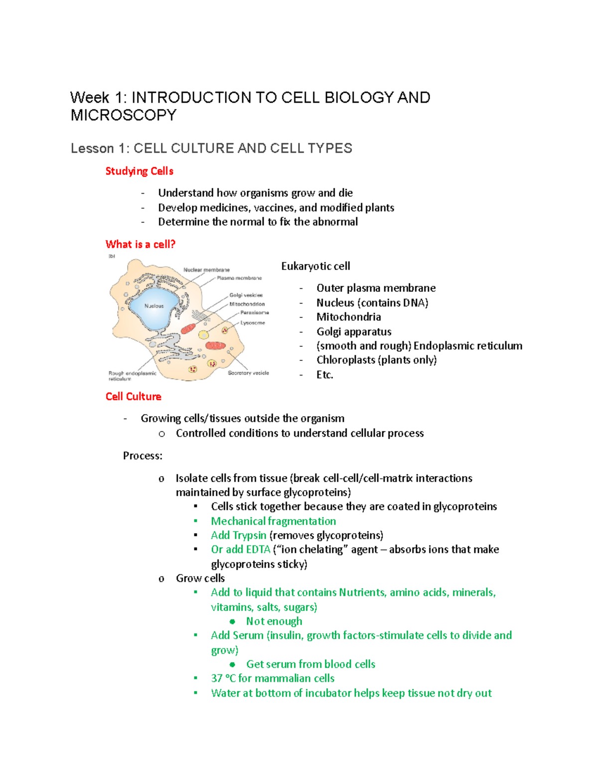 Cell Bio Notes- Week 1-4 - Week 1: INTRODUCTION TO CELL BIOLOGY AND ...