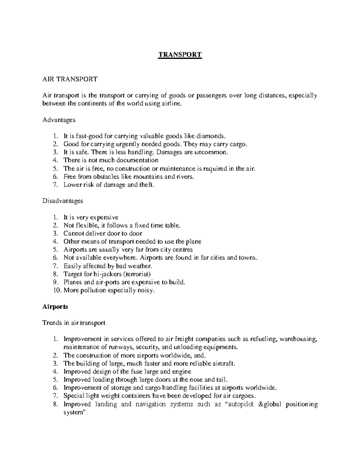 Chapter 14 Transport - notes - TRANSPORT AIR TRANSPORT Air transport is ...
