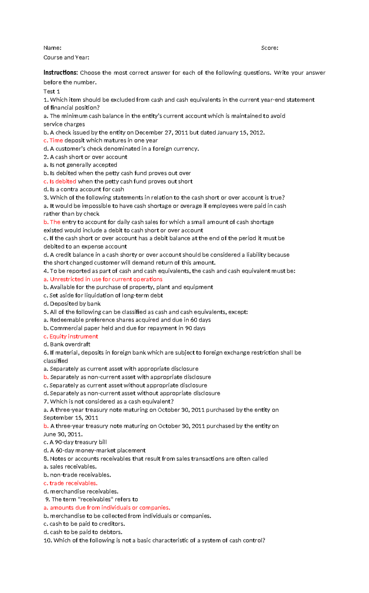 Midterm test 2 - Exam - Name: Score: Course and Year: Instructions ...