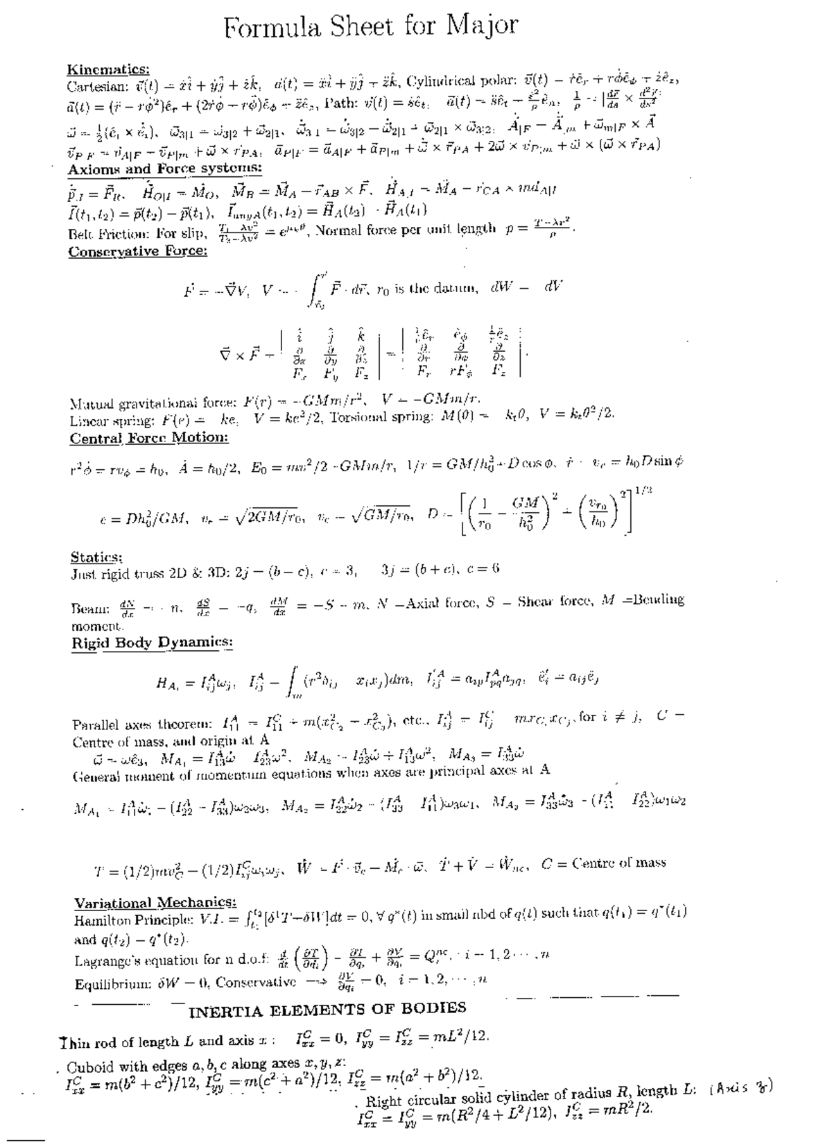 Major formula sheet - Summary Applied Mechanics - Studocu