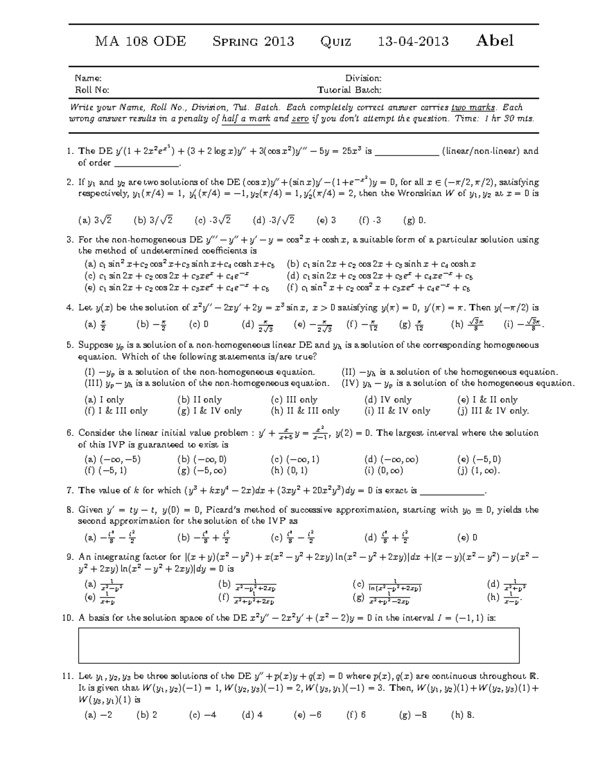 2013 questions - 2013 Question Paper for Course - MA 108 ODE Spring ...