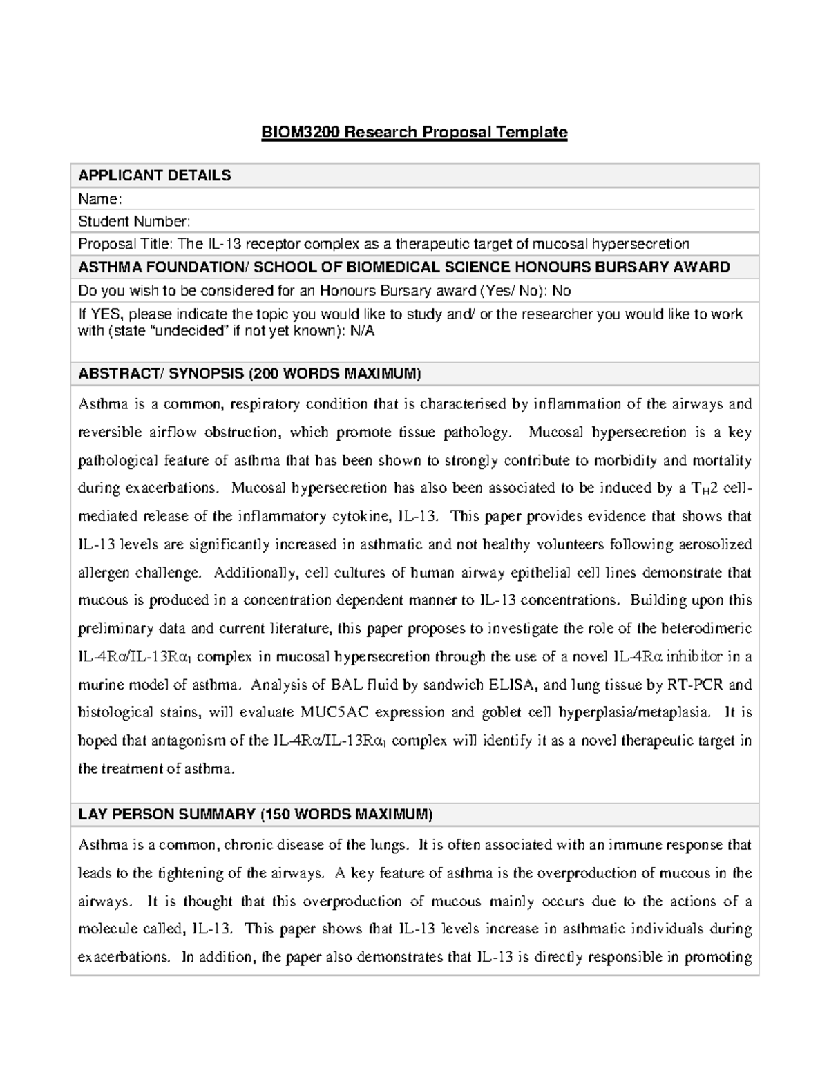 Proposal - Grade of 6-7 - BIOM3200 Research Proposal Template APPLICANT ...