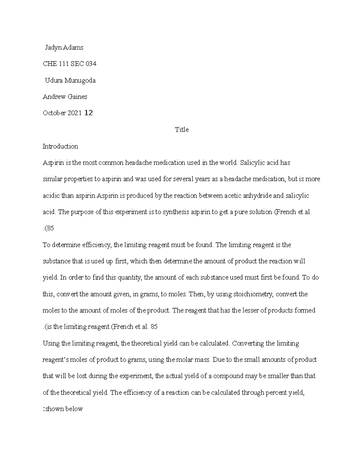 5 Adams Jadyn - lab 5 report - Jadyn Adams CHE 111 SEC 034 Udura ...