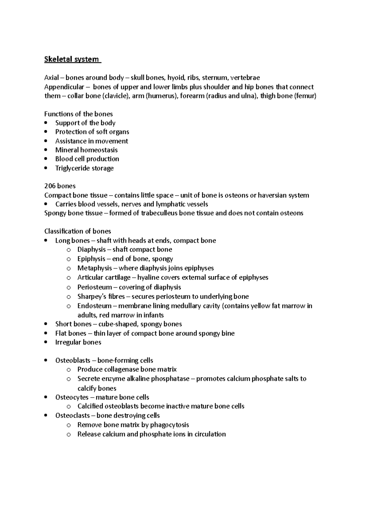 Skeletal system - lecture revision notes - Skeletal system Axial ...