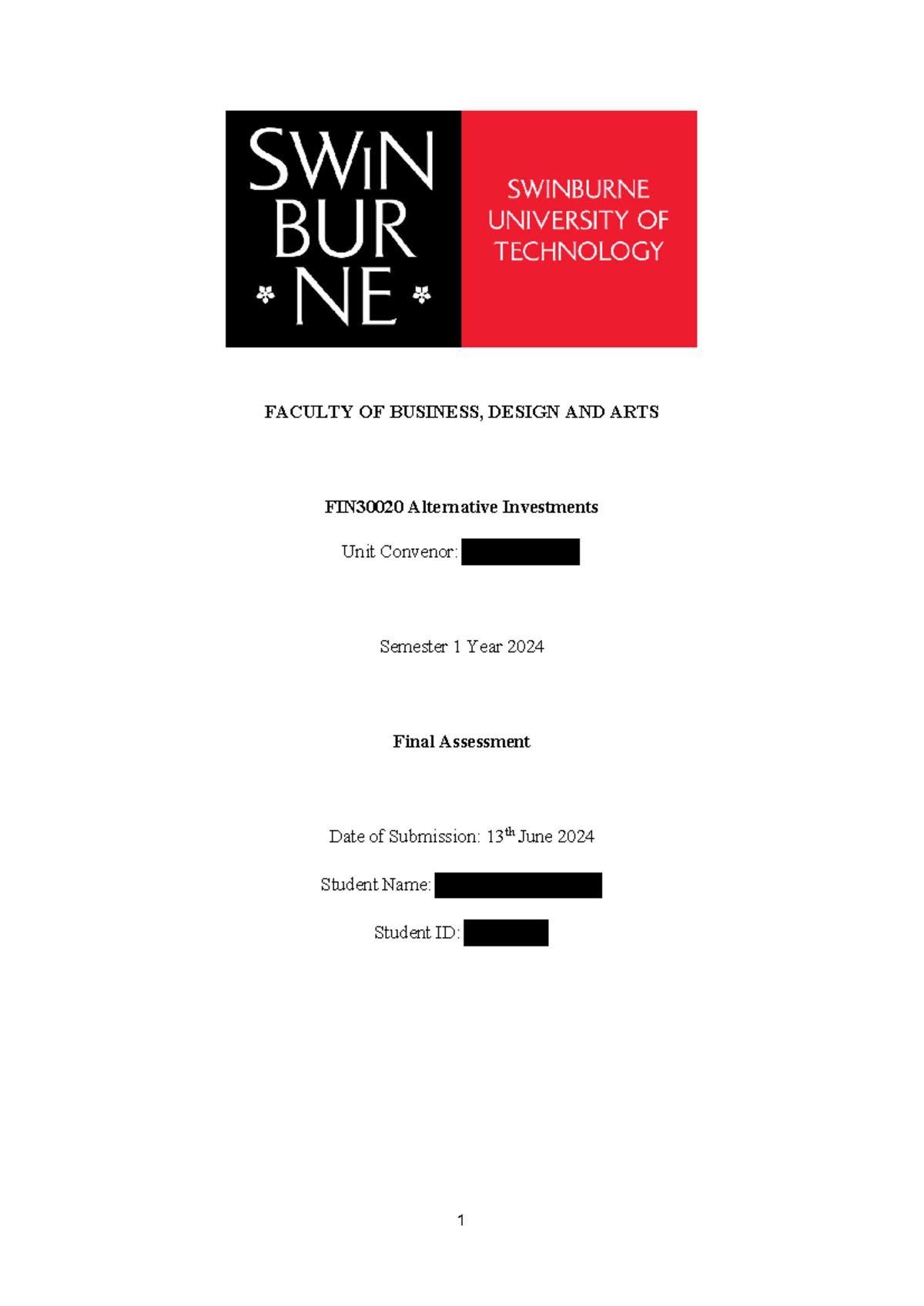 FIN30020 Final Case Study Redacted - FACULTY OF BUSINESS, DESIGN AND ...