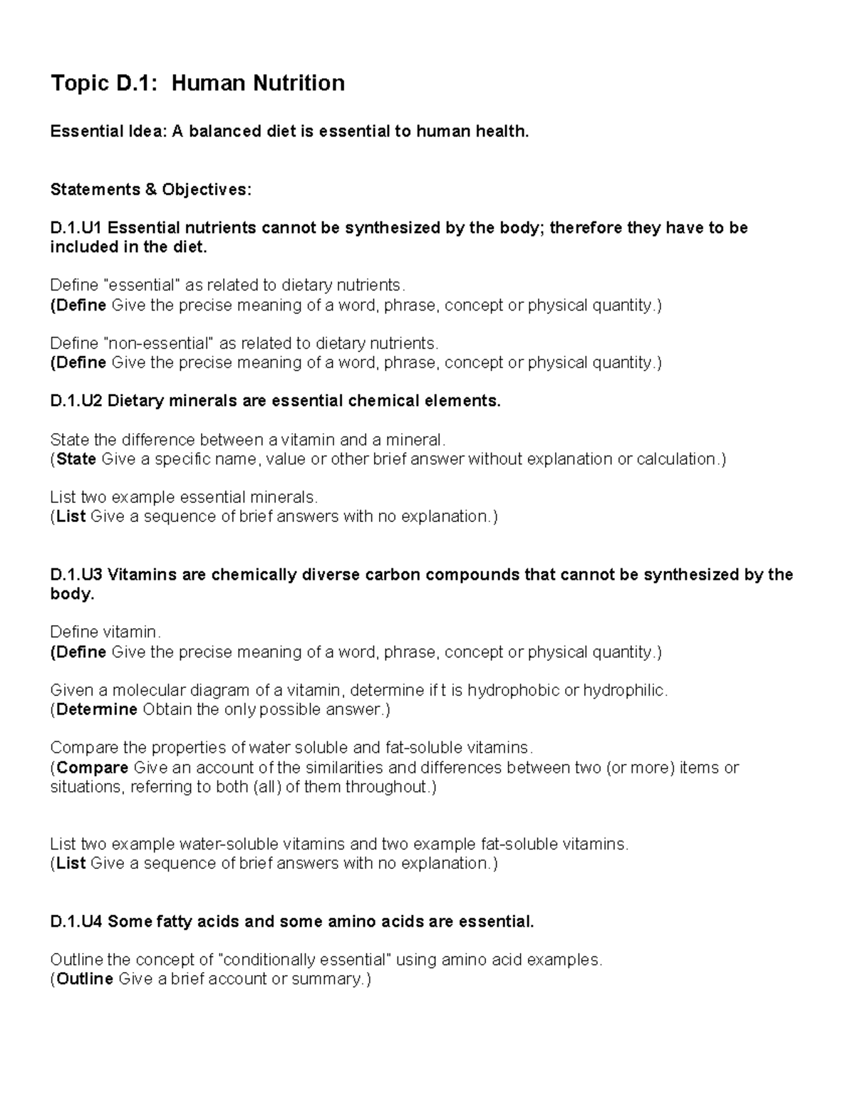 Topic d1 human nutrition - Topic D: Human Nutrition Essential Idea: A ...