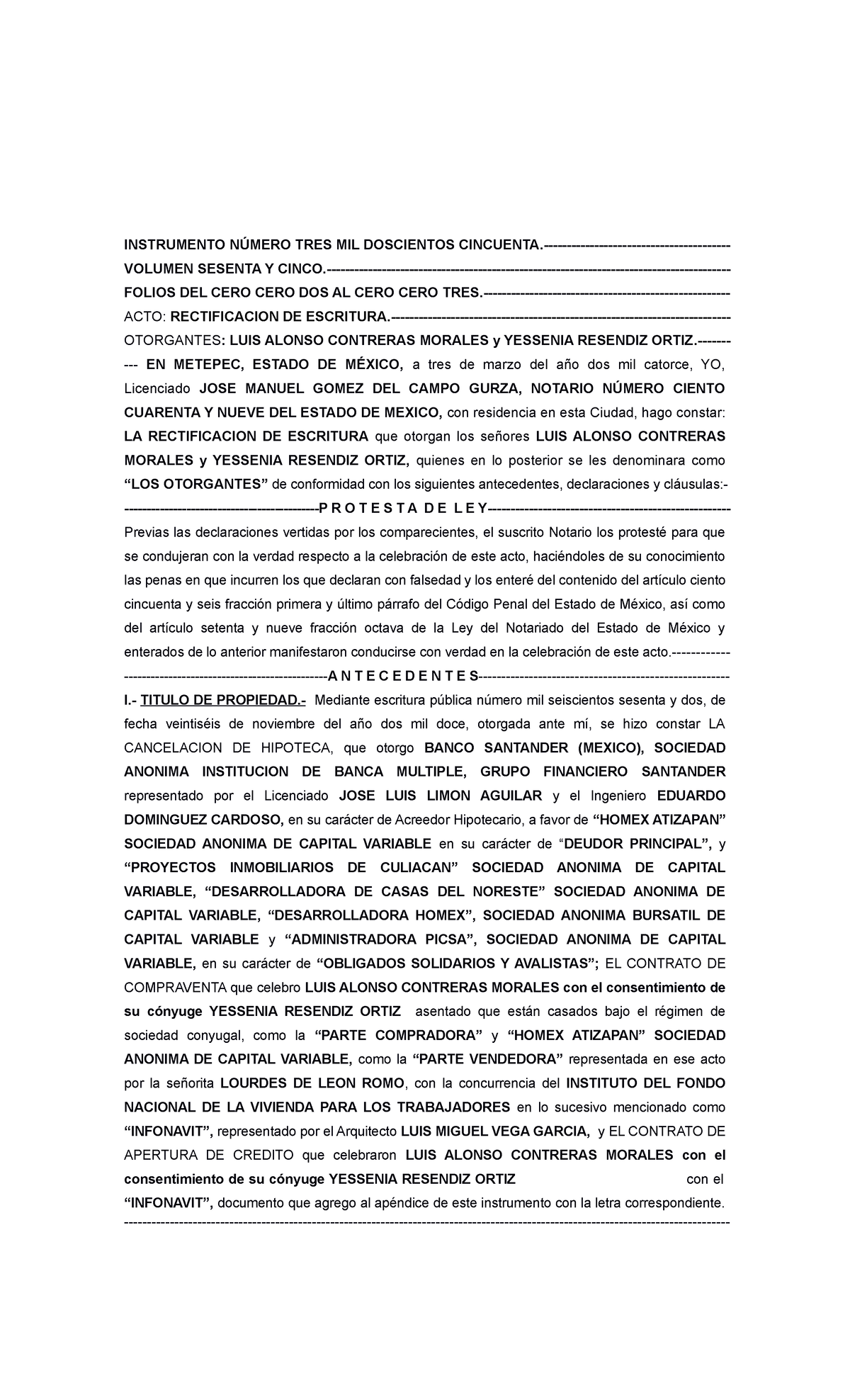 3250 - RATIFICACION DE FIRMAS - INSTRUMENTO NÚMERO TRES MIL DOSCIENTOS ...