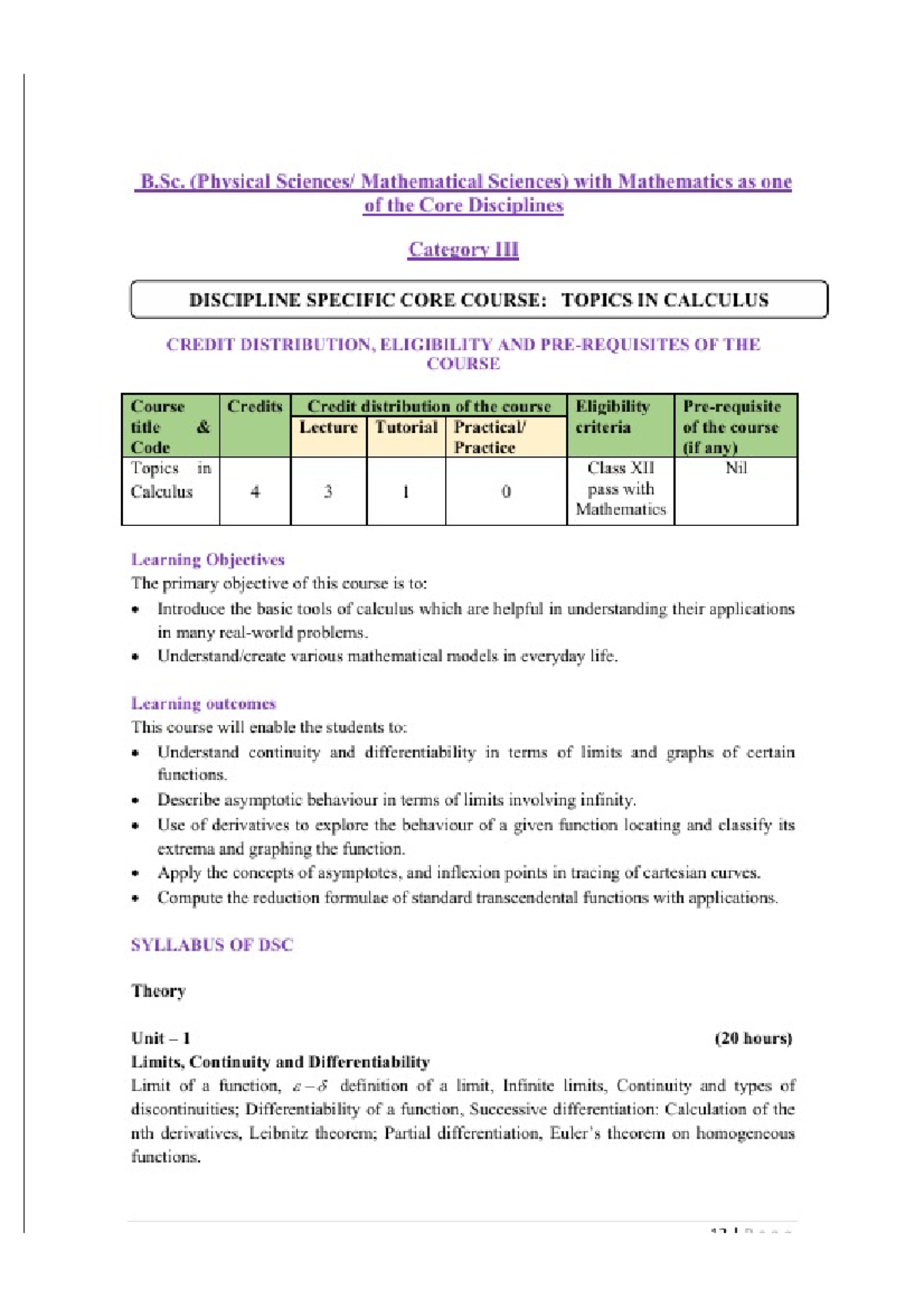 bsc mathematical science syllabus - B. (Physical Mathematical Sciences) with Mathematics as one ...