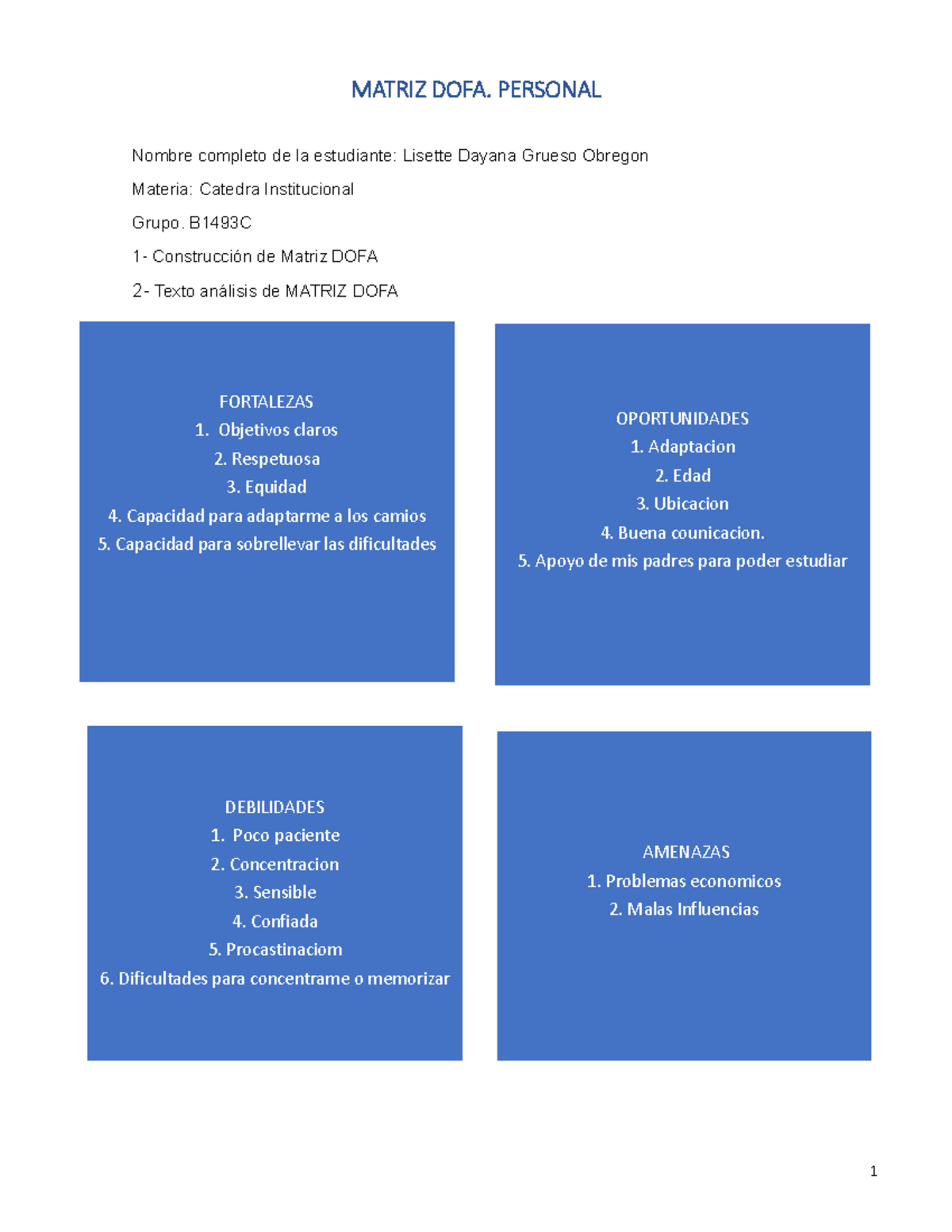 Matriz DOFA nueva - Son trabajas buenos - MATRIZ DOFA. PERSONAL Nombre ...