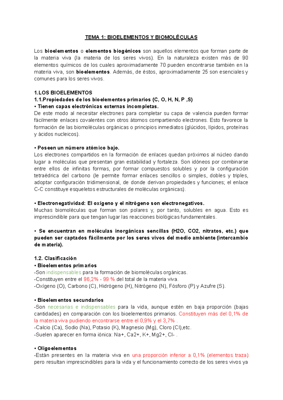 TEMA 1 Bioelementos Y Biomolé Culas - TEMA 1: BIOELEMENTOS Y ...