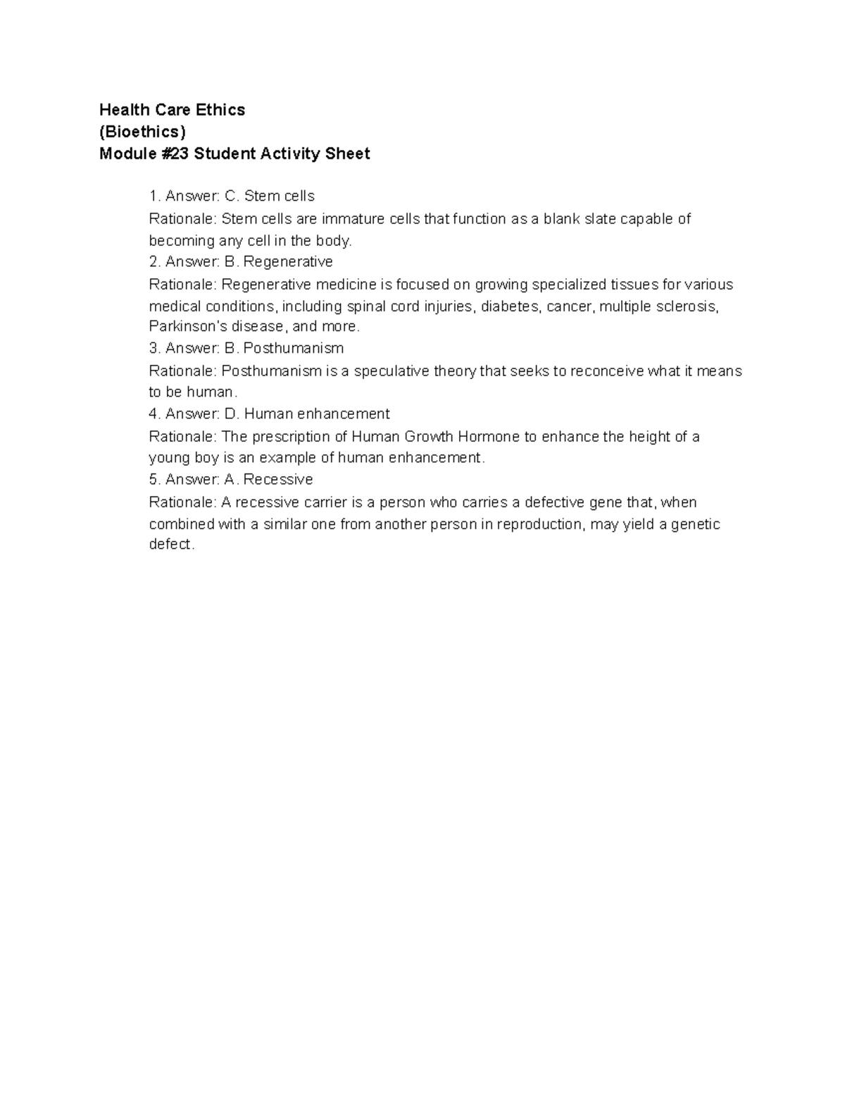 DE LOS Reyes SAS 23 - BIOETHICS SAS ANSWER KEY - Health Care Ethics ...