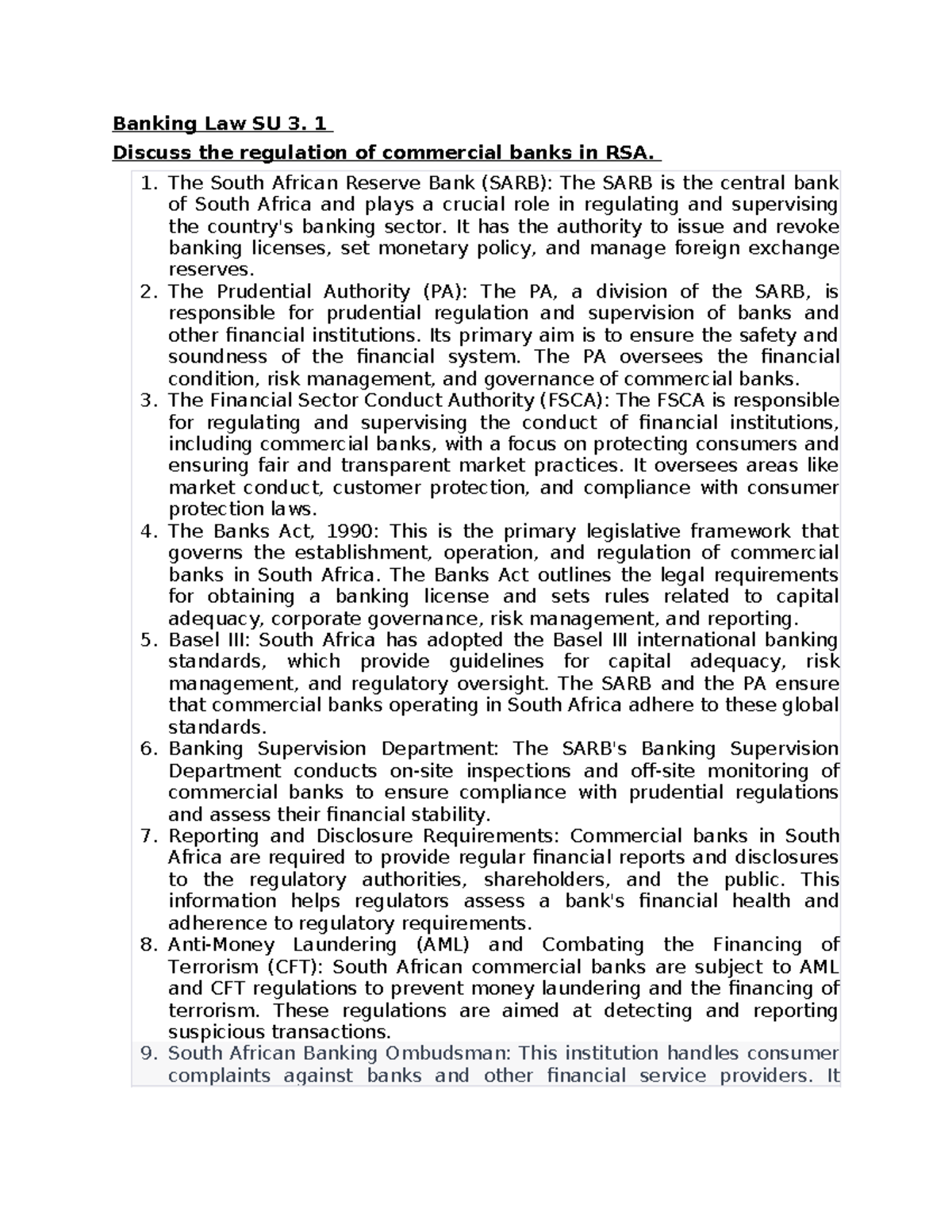 Banking Notes SU 3 - Banking Law SU 3. 1 Discuss the regulation of ...