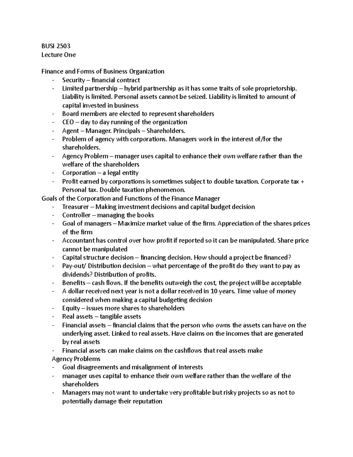 Lecture One - Prof. Isaac Otchere - BUSI 2503 Lecture One Finance and Forms of Business ...