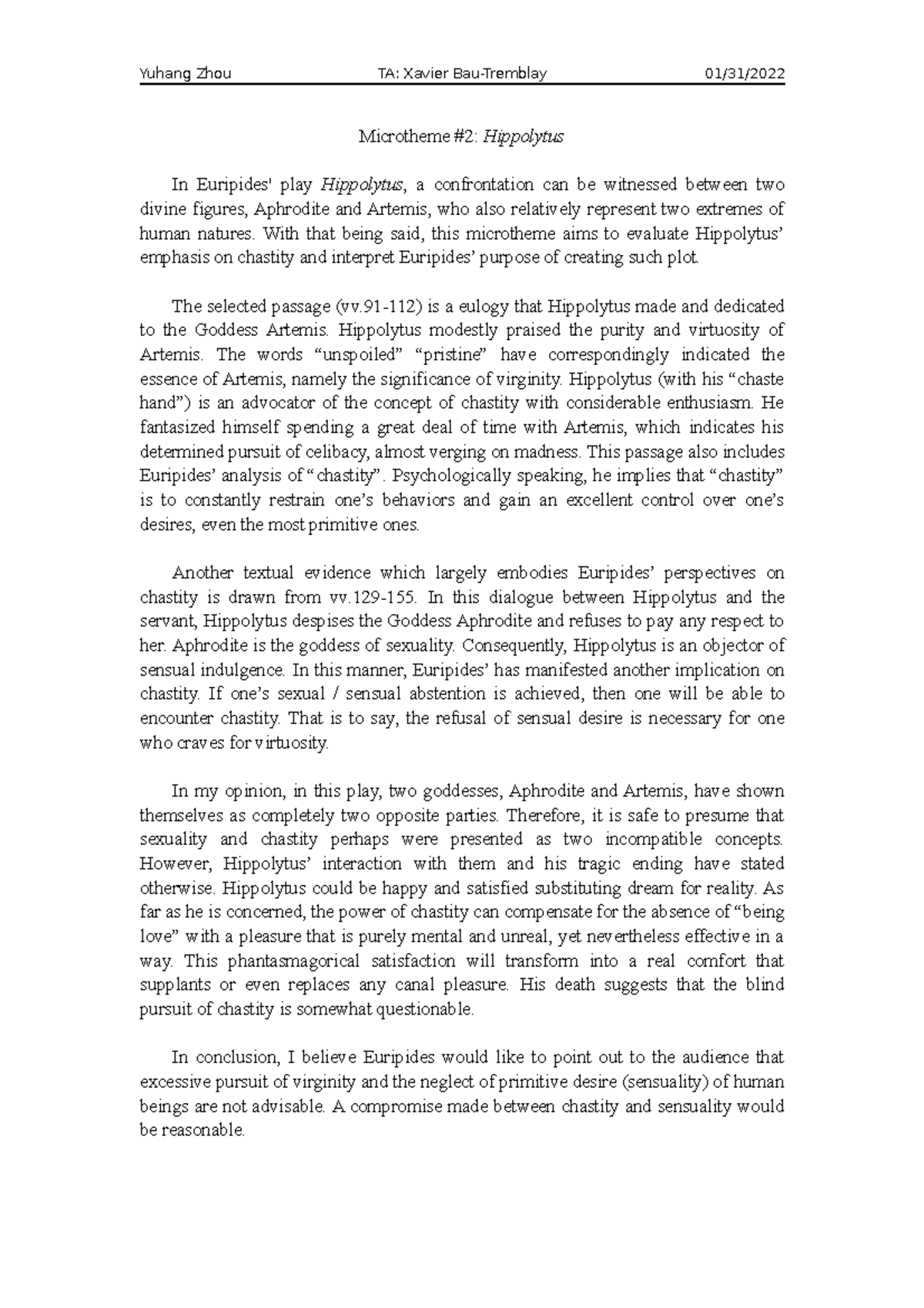 Microtheme in greek mythology about hippolytus - Yuhang Zhou TA: Xavier ...
