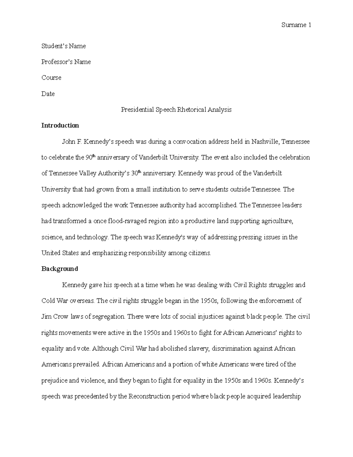 Presidential speech rhetorical analysis updated - Surname 1 Name Name ...