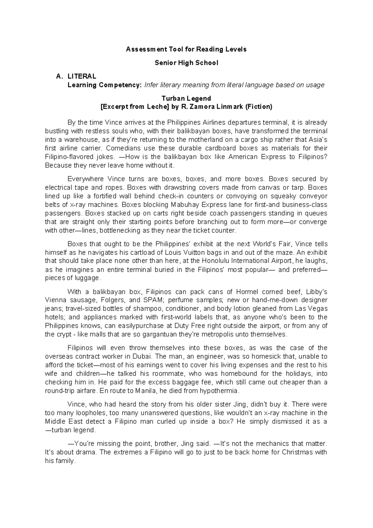 Assessment Tool for Reading Levels - LITERAL Learning Competency: Infer ...