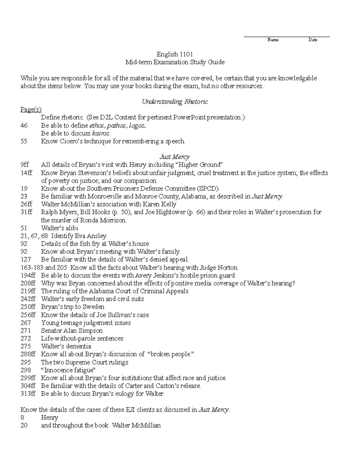 Just Mercy key Ideas - _________________________ Name Date English 1101 ...