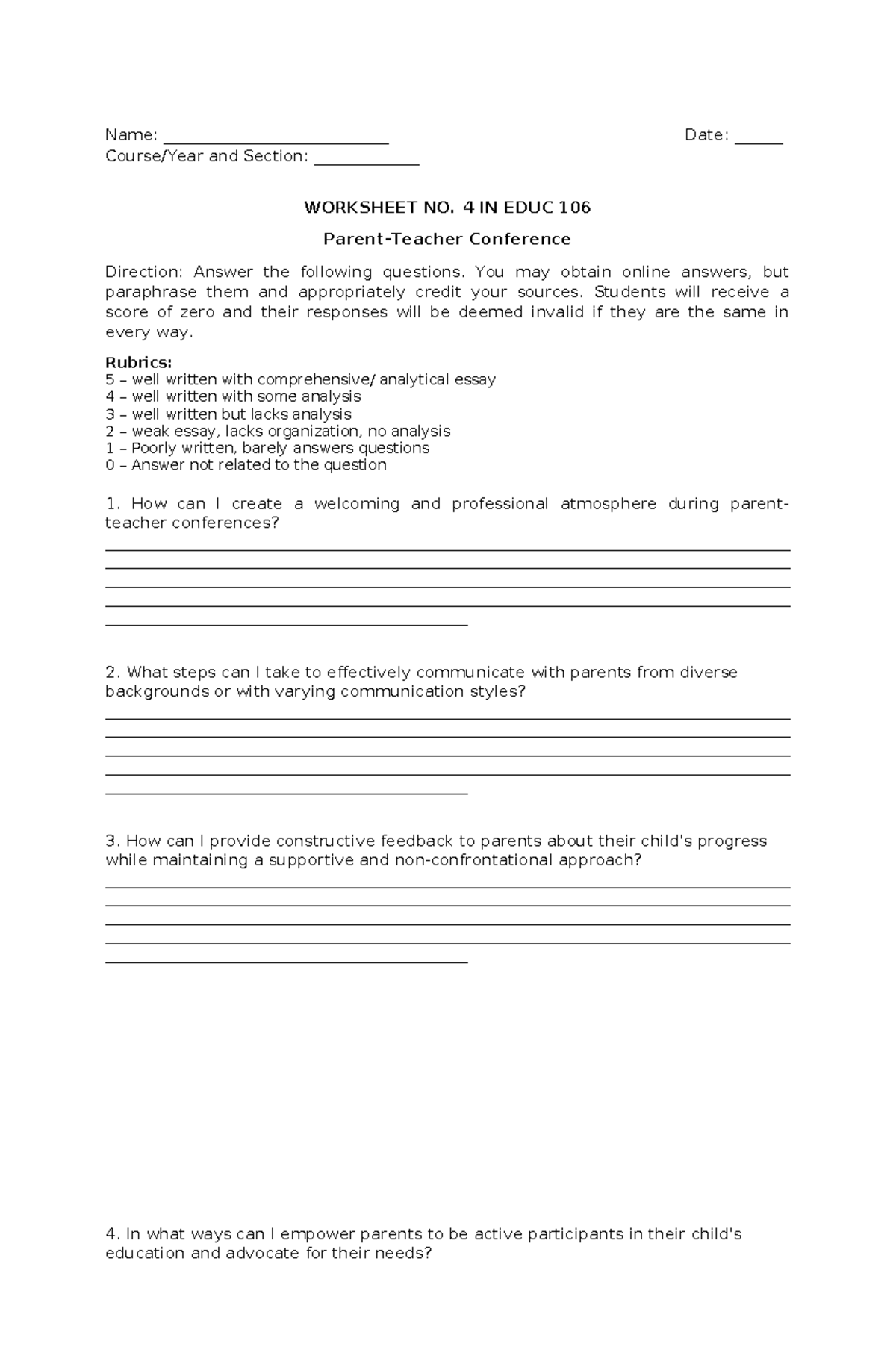 Worksheet No. 4 - Activity on Parent-Teacher Conference - Name