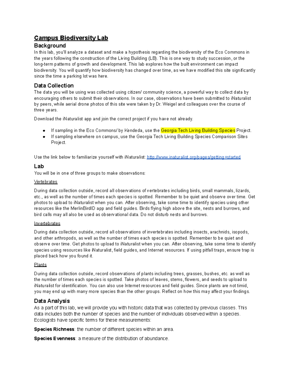 Campus Biodiversity Lab - Campus Biodiversity Lab Background In this ...