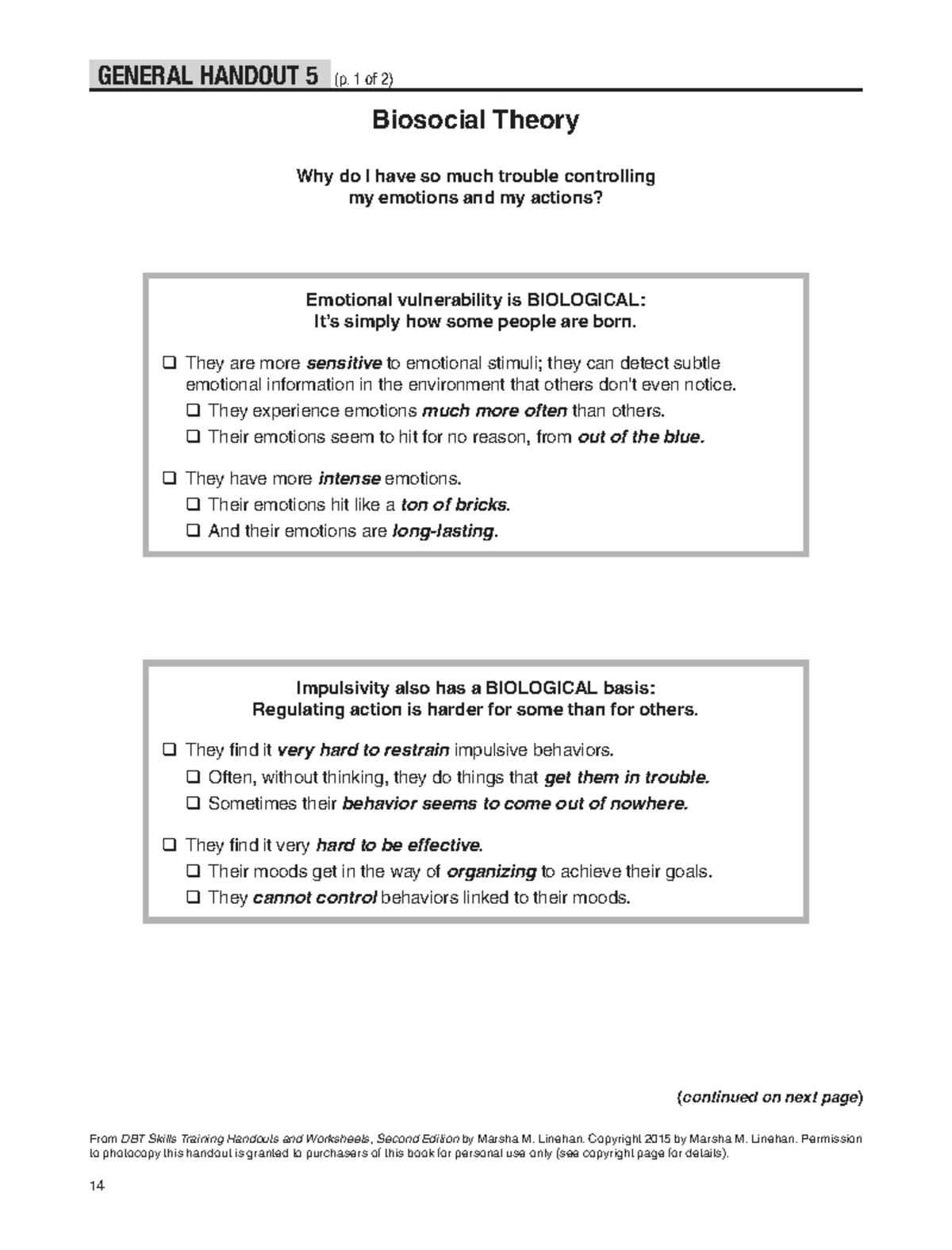 DBT Biosocial Handout - Dbt material - 14 From DBT Skills Training ...