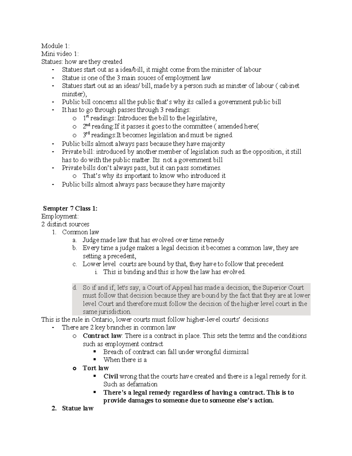Employment law notes acutal - Module 1: Mini video 1: Statues: how are ...