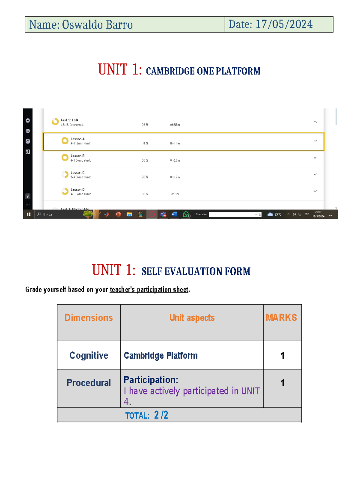 SELF- Evaluation P64 - Self-evaluetion - English - Name: Oswaldo Barro Date: 17/05/ UNIT 1 ...
