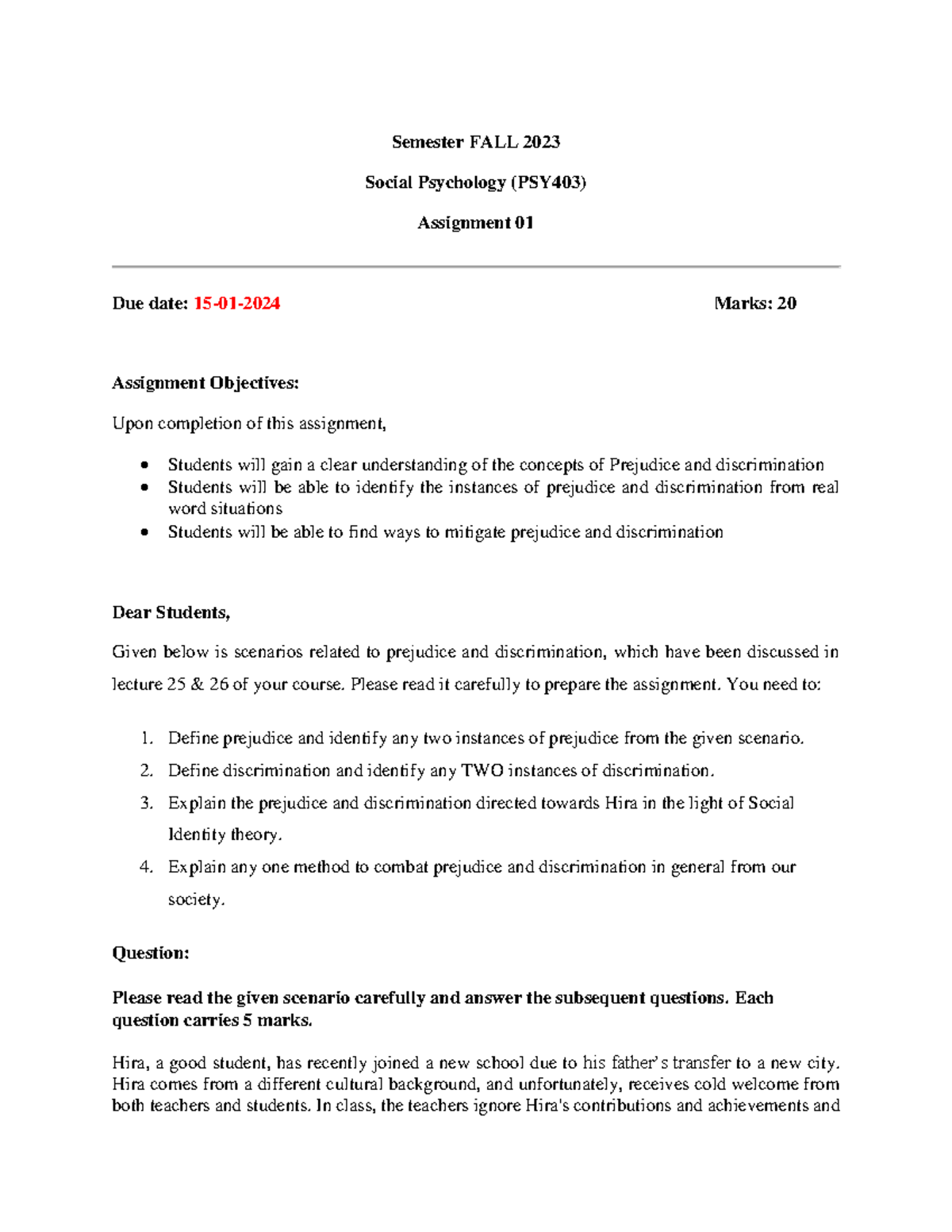 Fall 2023 PSY403 1 - Semester FALL 2023 Social Psychology (PSY403) Assignment 01 Due date: 15 ...