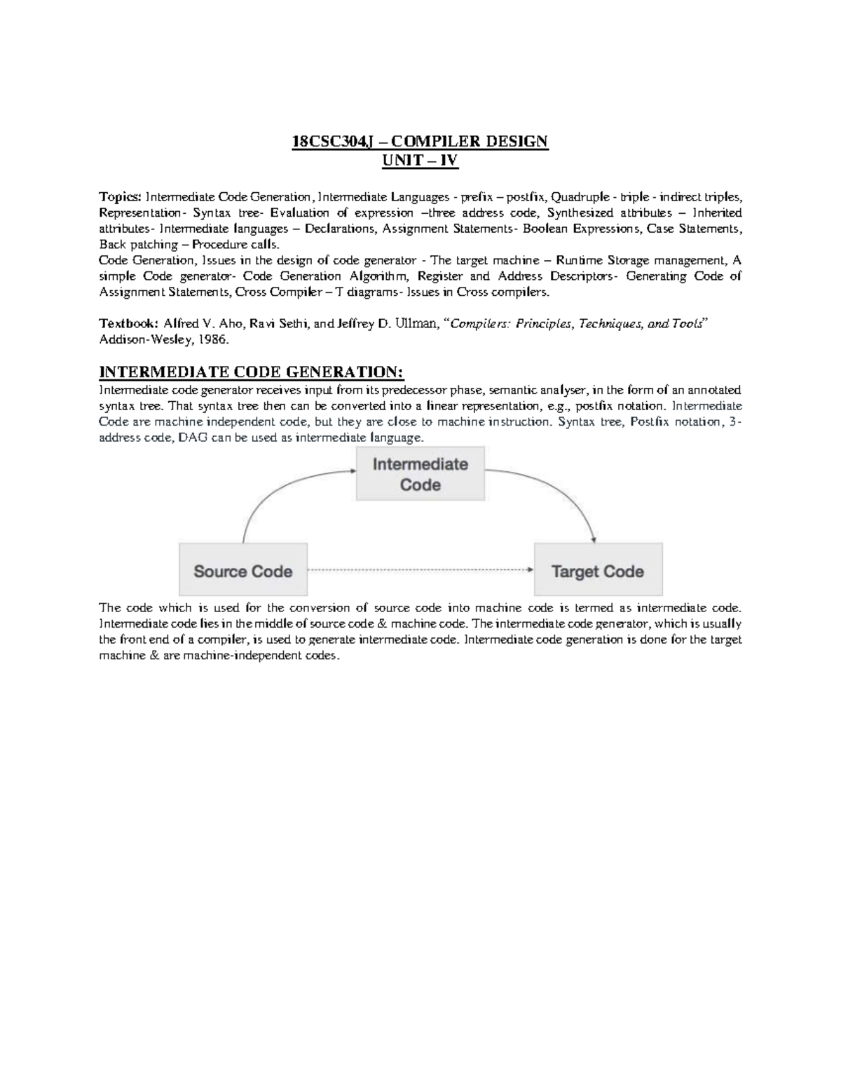 Notes Cd Unit Iv 18csc304j Compiler Design Unit Iv Topics Intermediate Code Generation