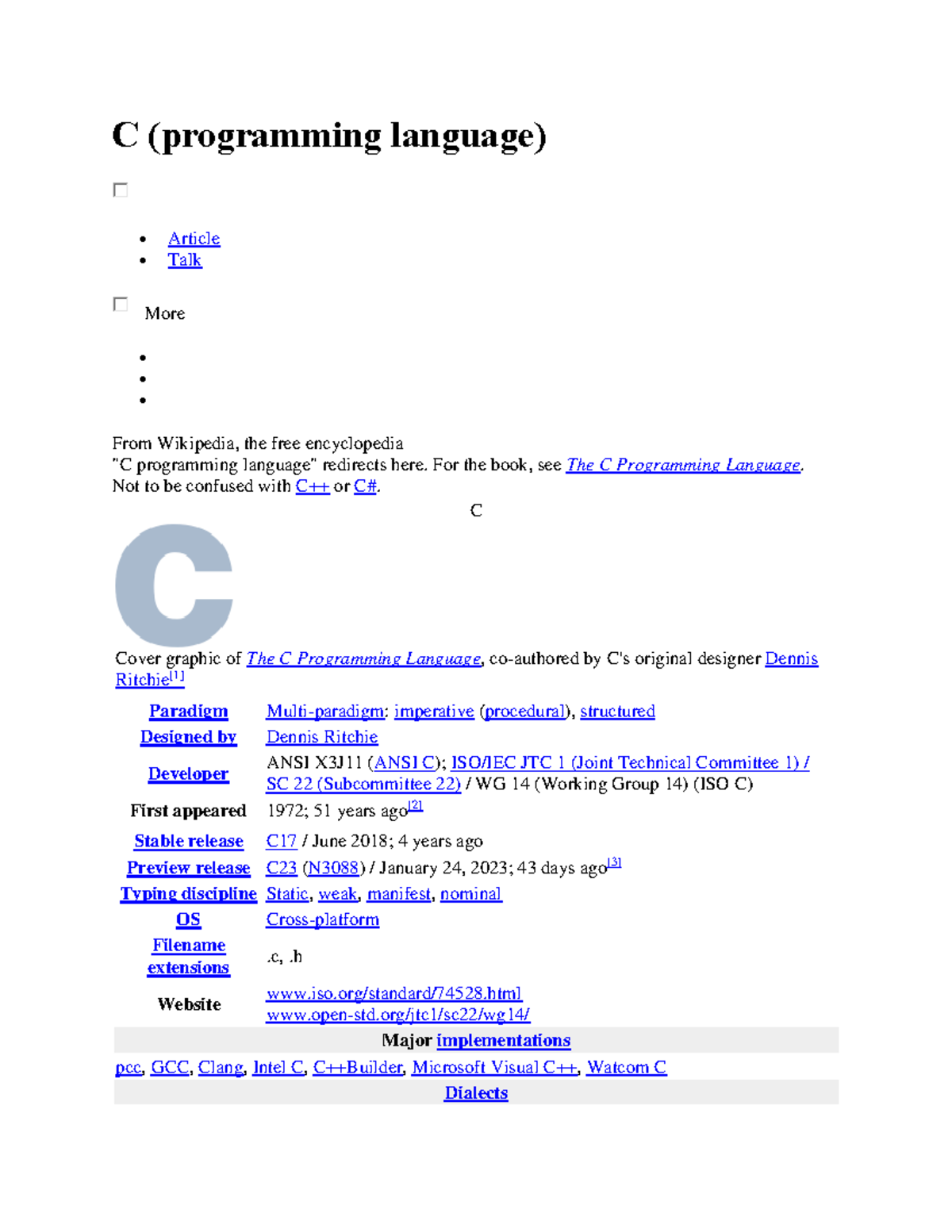 C C Programming C Programming Language Article Talk More From Wikipedia The