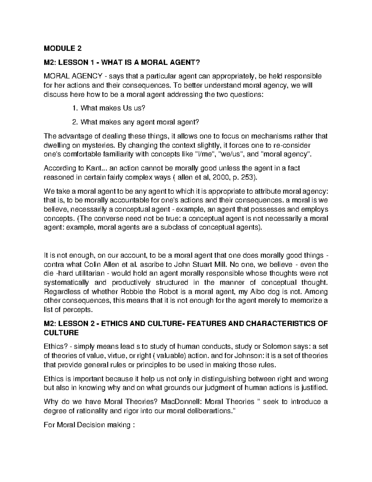 Moral Agent - Lecture notes 1 - MODULE 2 M2: LESSON 1 - WHAT IS A MORAL ...