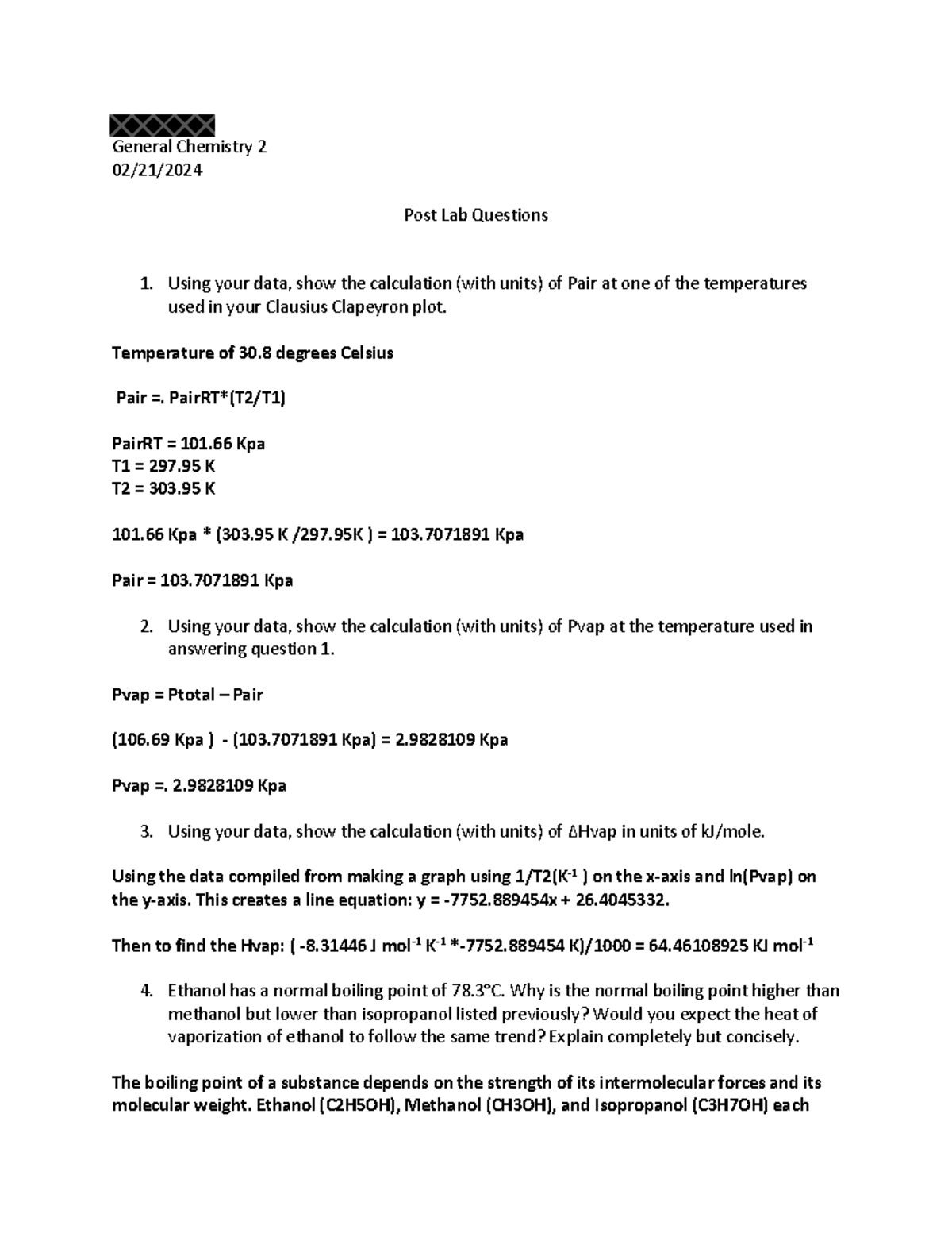 Post-Lab 2 - Post Lab questions for lab 2 of general chem 2 - General Chemistry 2 02/21/ Post ...