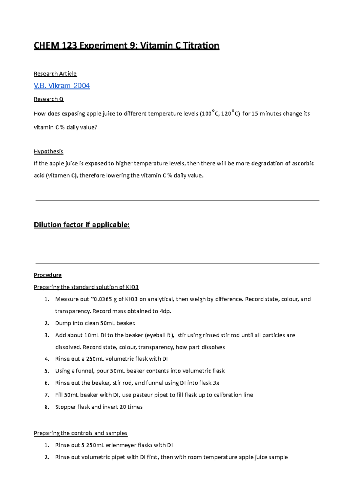 Experiment 9 Vitamin C Titration - CHEM 123 Experiment 9: Vitamin C ...