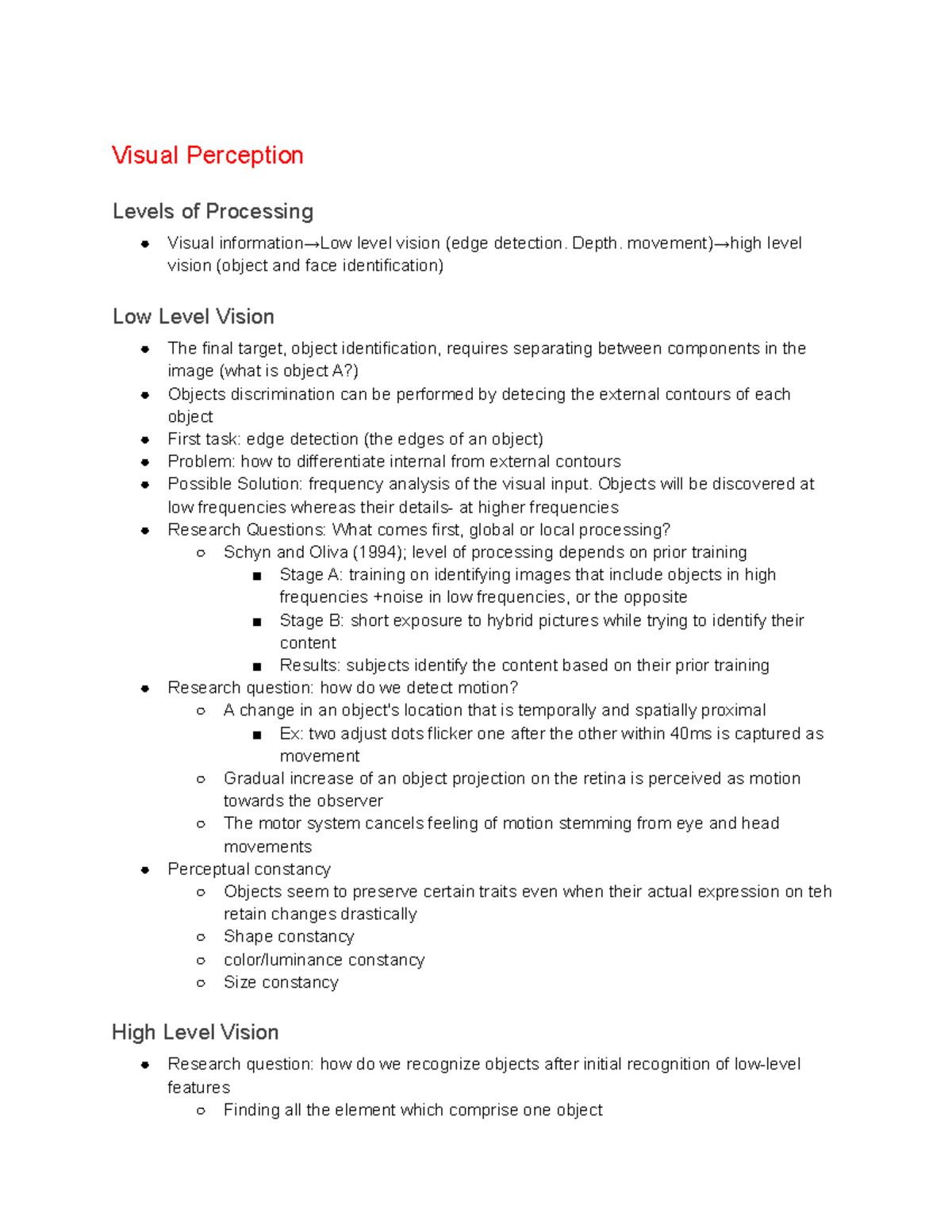 Visual Perception - Lecture Notes - Visual Perception Levels of ...