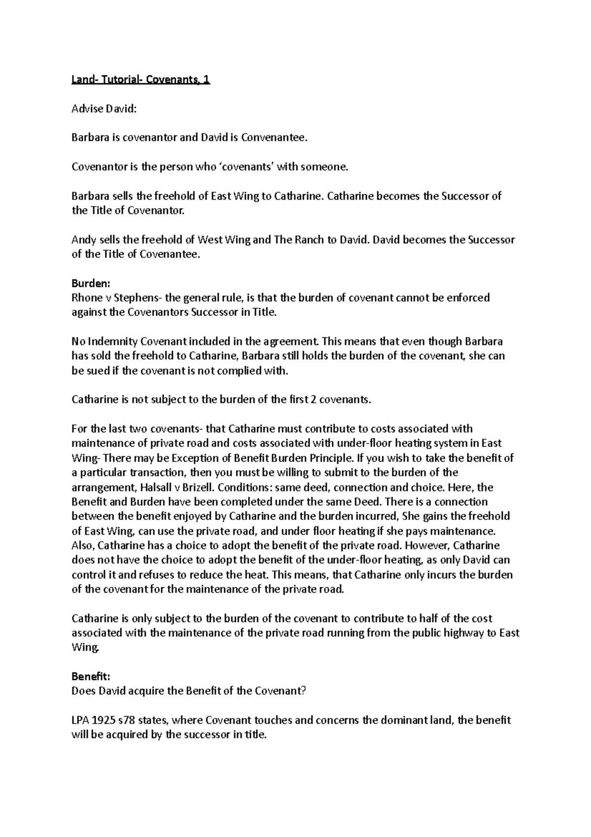 Land Law-Covenants 1 - Land- Tutorial- Covenants, 1 Advise David ...
