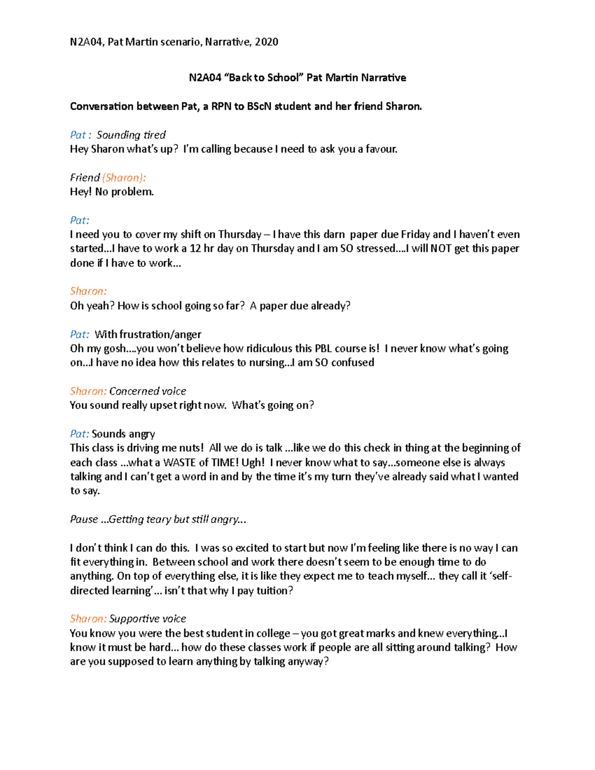 Back to School Narrative - N2A04, Pat Martin scenario, Narrative, 2020 ...